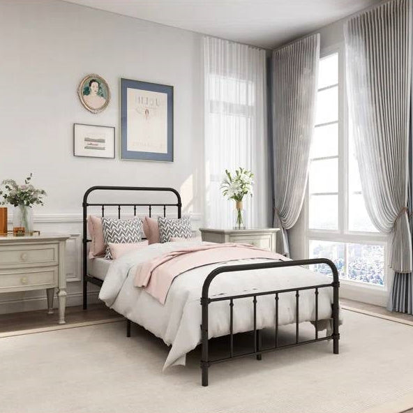 Twin Farmhouse Black Metal Platform Bed Rounded Headboard & Footboard ...